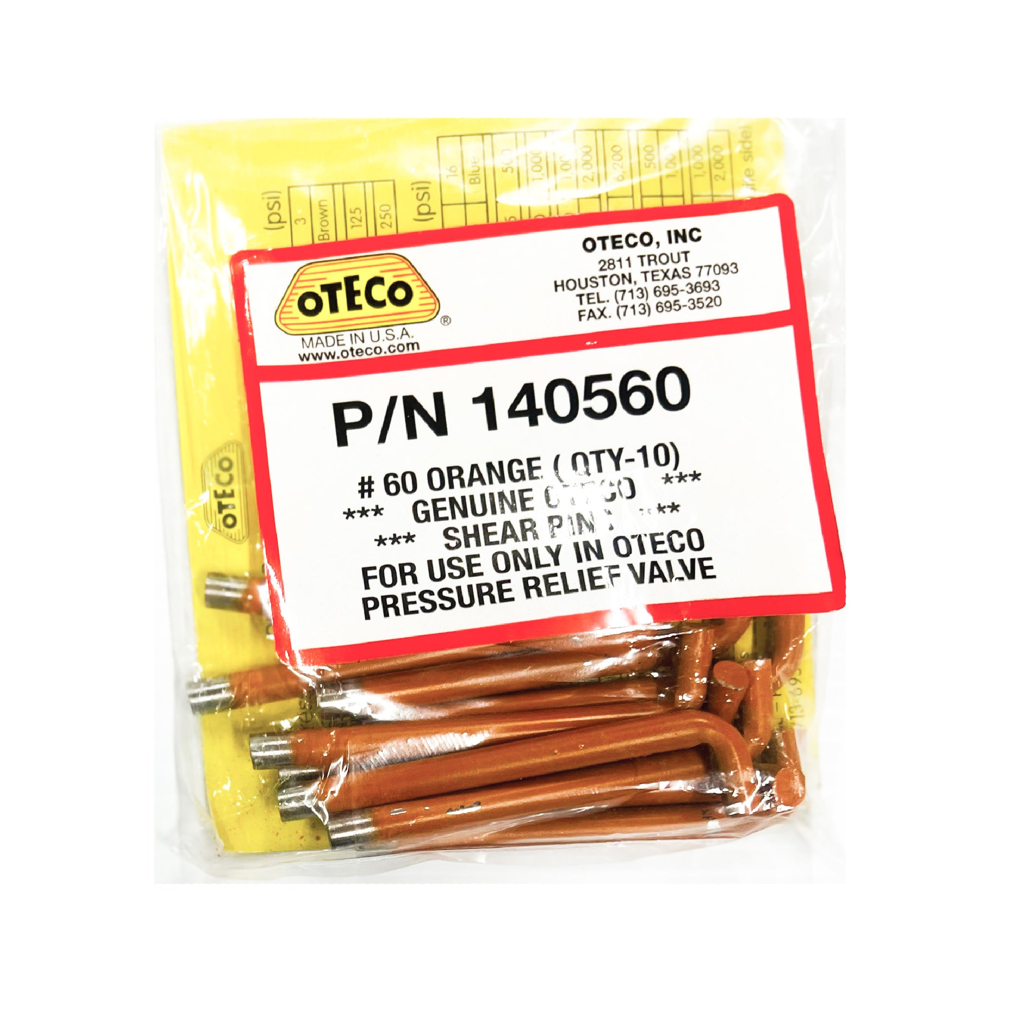 Oteco PRV Shear Pins, Orange, Pack of 10 — Oil Baron Supply