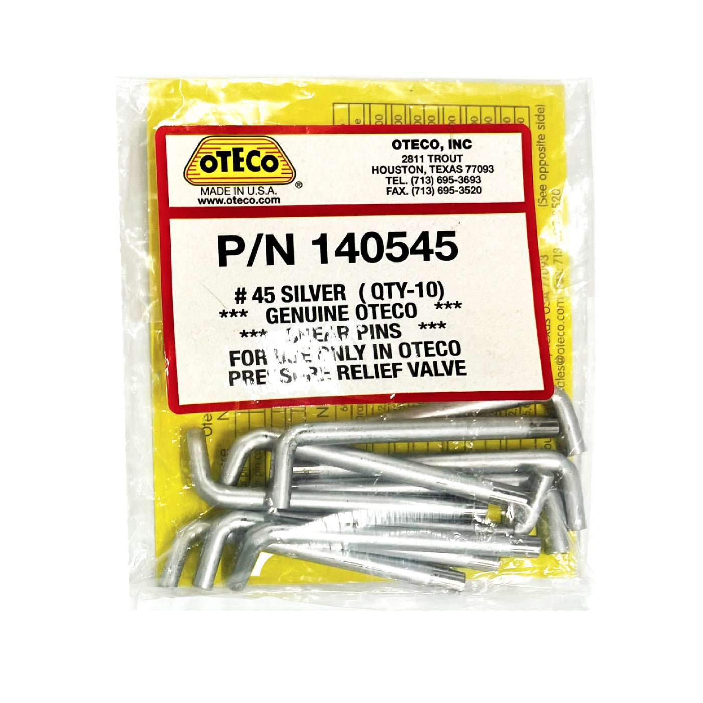 Oteco PRV Shear Pins, Silver, Pack of 10 — Oil Baron Supply