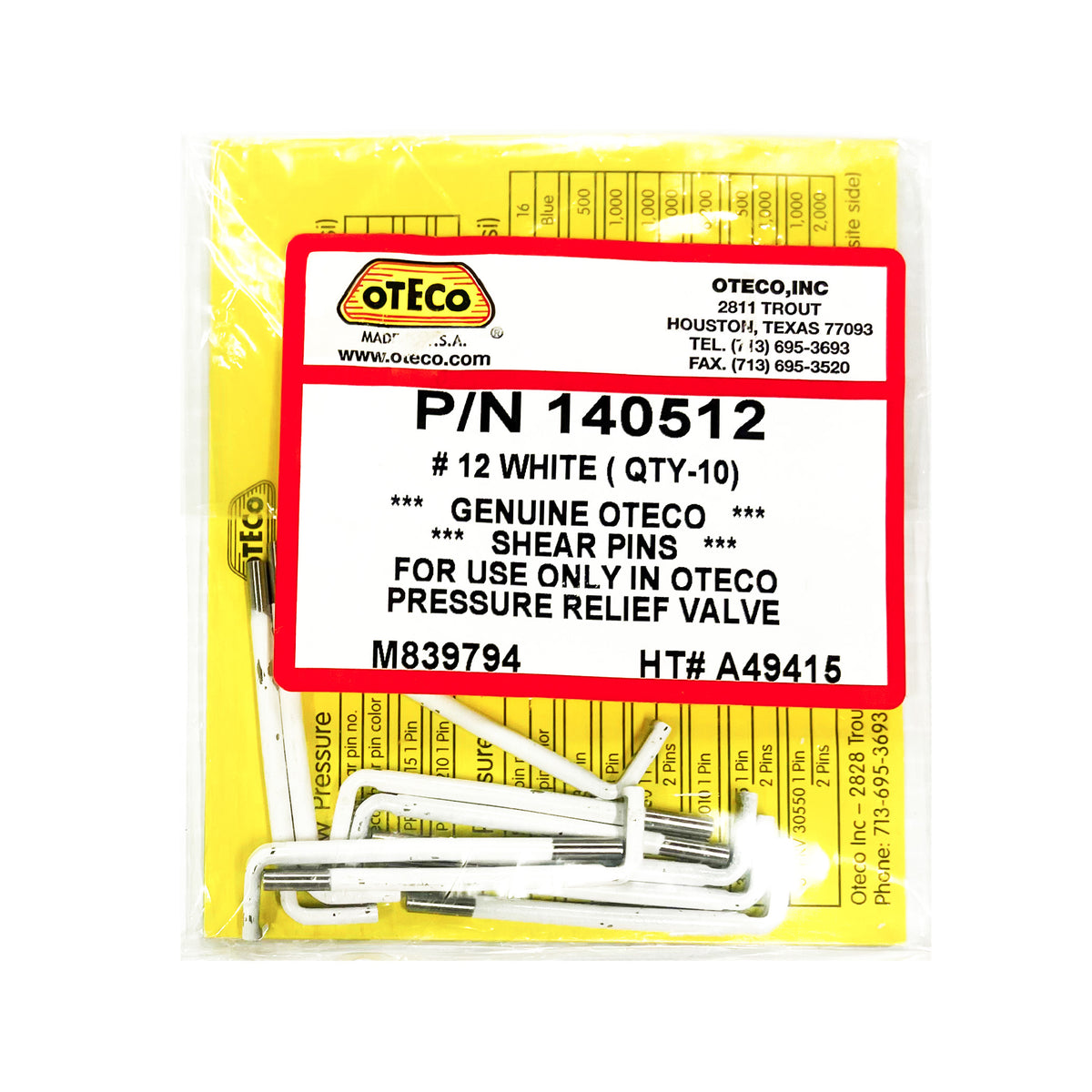 Oteco PRV Shear Pins, White, Pack of 10 — Oil Baron Supply