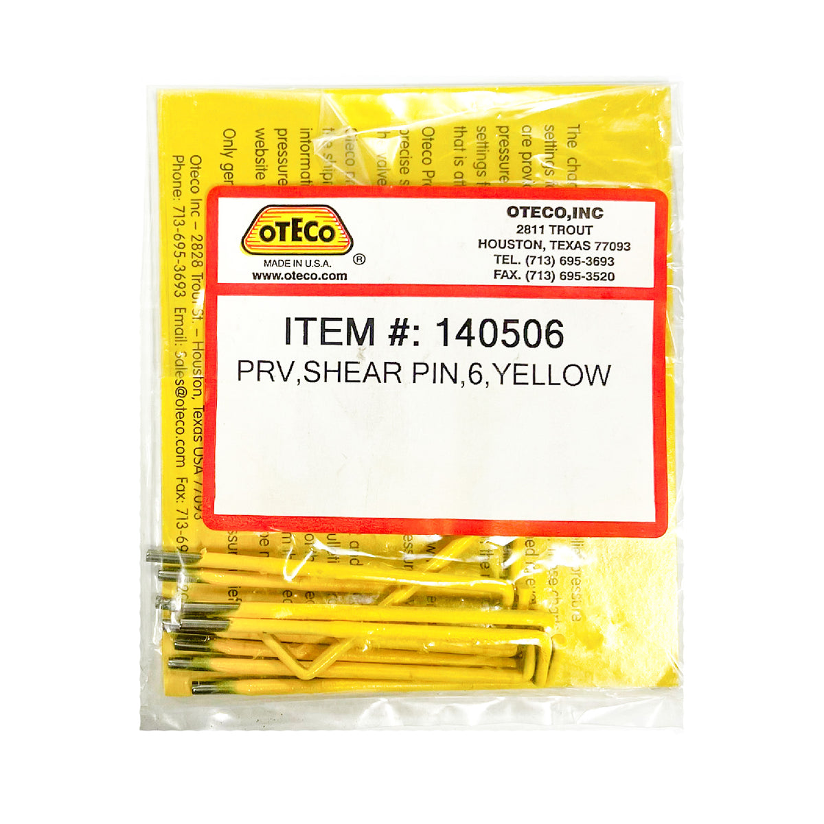 Oteco PRV Shear Pins, Yellow, Pack of 10 — Oil Baron Supply